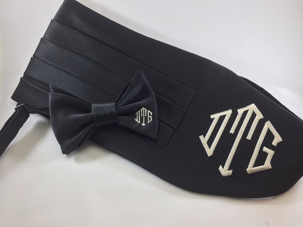 Formal Black with Embroidered Monogram Bow Tie and Cummerbund Set – Great Knots